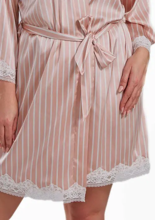 ICOLLECTION Silky Satin Stripe Lace Robe Mid-thigh Length