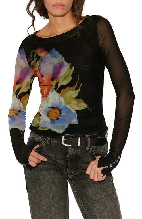 Free People Lilly Print Long Sleeve Mesh Top - Black Combo