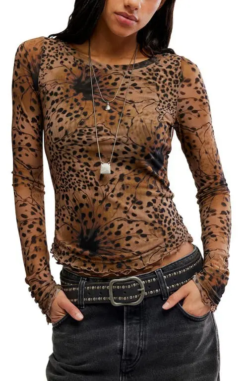 Free People Lilly Print Long Sleeve Mesh Top - Brown Combo