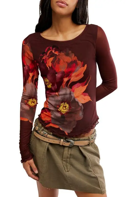 Free People Lilly Print Long Sleeve Mesh Top - Cocoa Combo