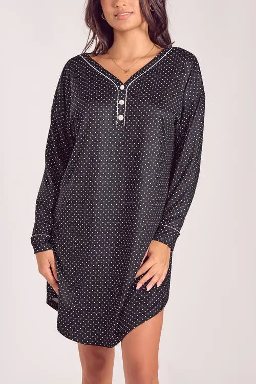 ICOLLECTION Microfiber Knit Sleep Shirt With Contrast Piping - Black