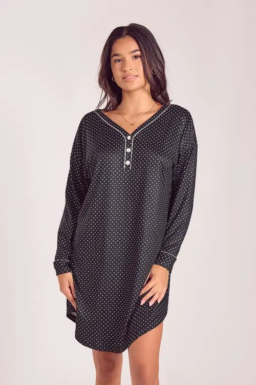 ICOLLECTION Microfiber Knit Sleep Shirt With Contrast Piping - Black