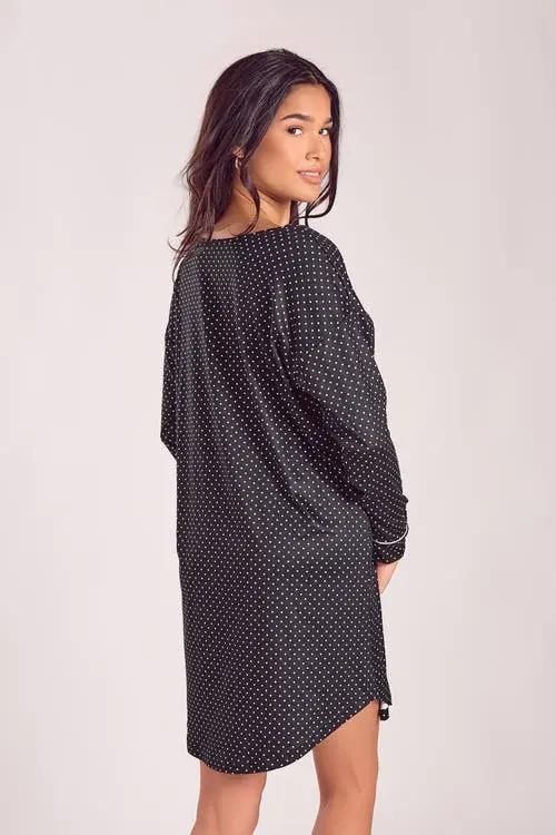 ICOLLECTION Microfiber Knit Sleep Shirt With Contrast Piping - Black