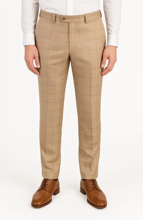 Berle Windowpane Check Flat Front Wool & Silk Blend Dress Pants - Tan