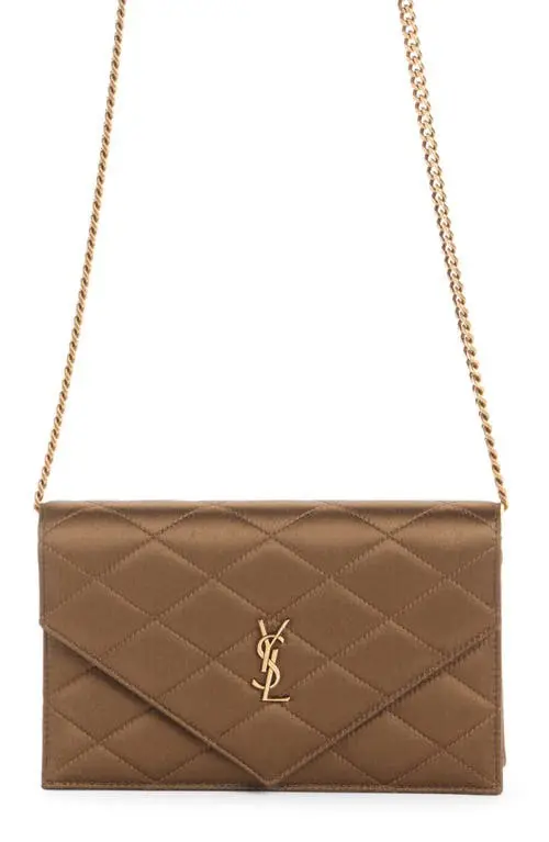 Saint Laurent Diamond Quilted Satin Wallet On A Chain - Marron Glace