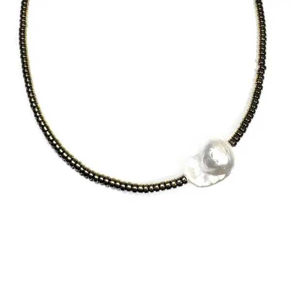 RACHEL NATHAN Mini Beaded Pyrite & Baroque Pearl Necklace