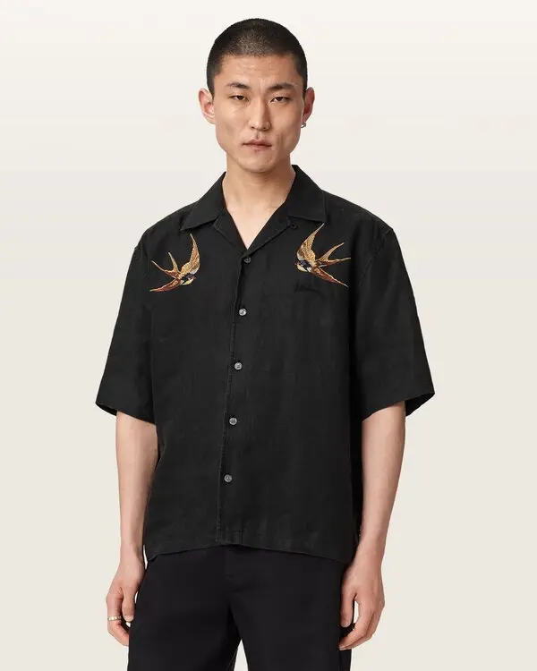 ALLSAINTS Avia Short Sleeve Embroidered Linen Shirt