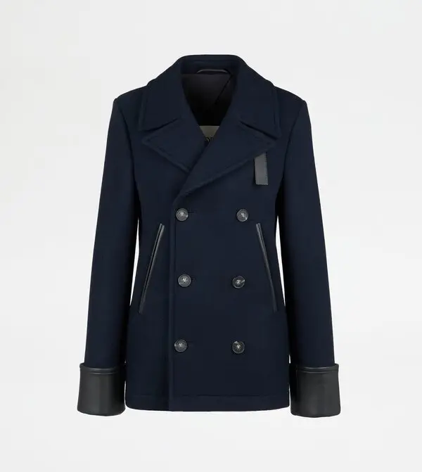TOD'S Wool Peacoat With Leather Inserts
