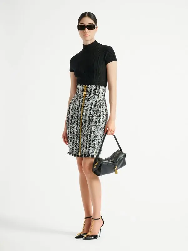 Balmain Two-tone Tweed Fitted Skirt With Oversized Gold Zip - Black