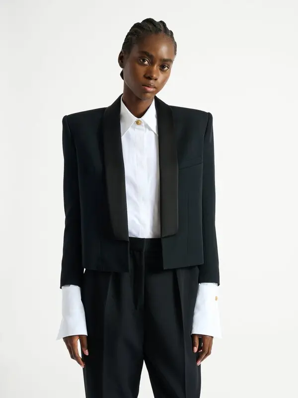 Balmain Cropped Grain De Poudre Jacket With Shawl Collar
