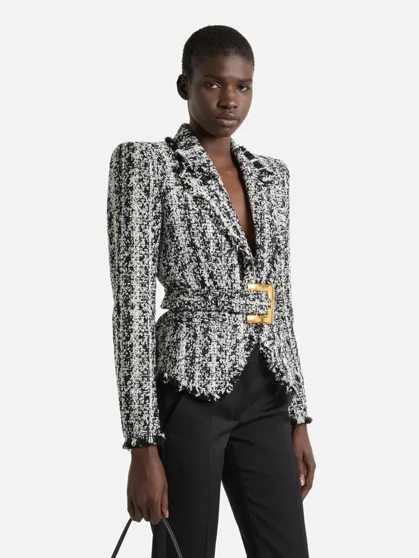 Balmain Two-tone Tweed Belted Jacket With Gold Metal Buckle
