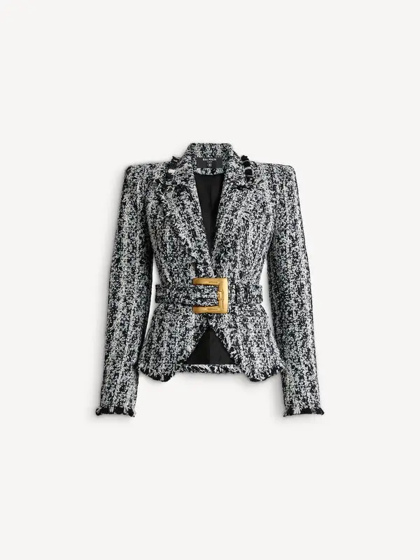 Balmain Two-tone Tweed Belted Jacket With Gold Metal Buckle
