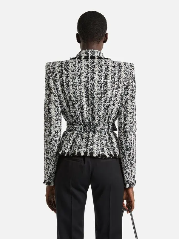 Balmain Two-tone Tweed Belted Jacket With Gold Metal Buckle