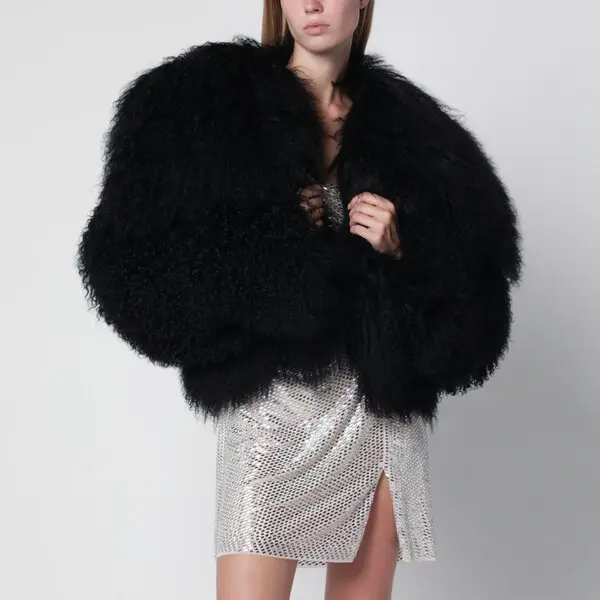 Attico Cropped Curly Shearling Bomber Jacket - Black