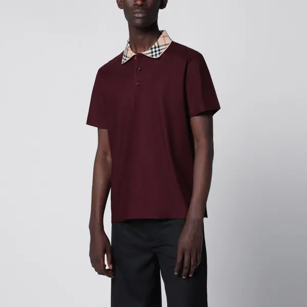 Burberry Cotton Polo Shirt With Check Collar In Vineyard