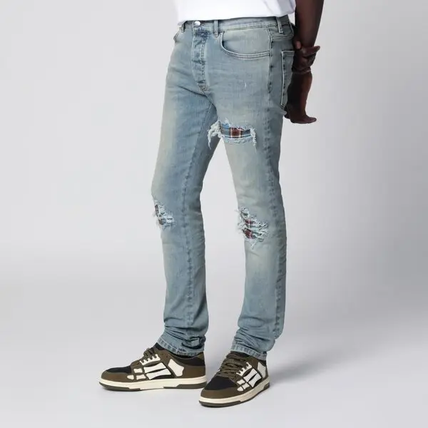 Amiri Mx1 Distressed Flannel-patched Jeans In Medium Indigo