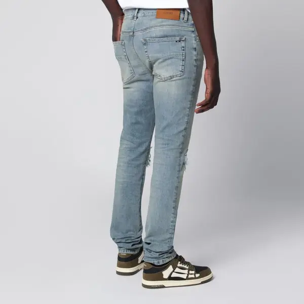 Amiri Mx1 Distressed Flannel-patched Jeans In Medium Indigo