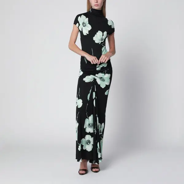 Alaïa Draped Jersey Dress With Sakura Print In /aqua - Black