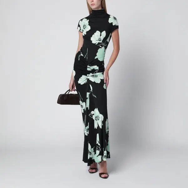 Alaïa Printed Draped Jersey Maxi Dress - Black