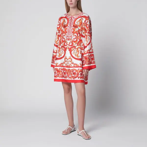 Dolce & Gabbana Maiolica Print Silk Twill Kaftan Dress - Orange
