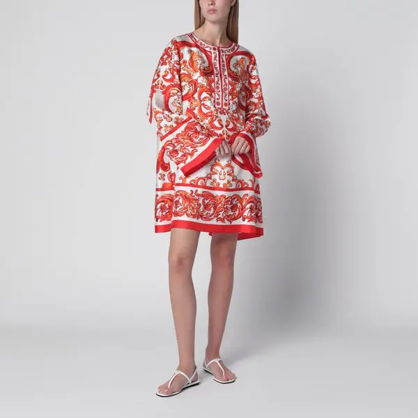 Dolce & Gabbana Maiolica Print Silk Twill Kaftan Dress - Orange