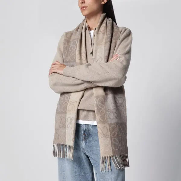 Loewe Anagram Scarf In White/ Wool And Cashmere - Multicolor