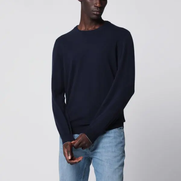 Brunello Cucinelli Navy Cashmere Crewneck Sweater With Contrast Trim - Blue