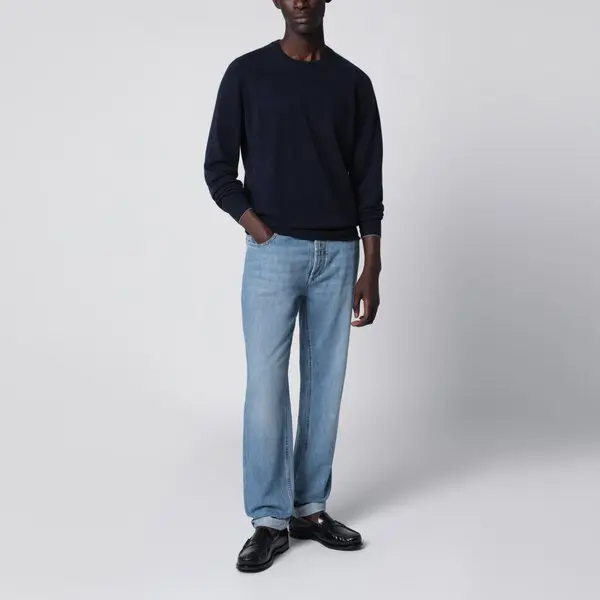 Brunello Cucinelli Navy Cashmere Crewneck Sweater With Contrast Trim - Blue