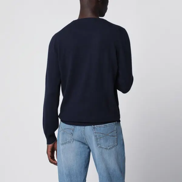 Brunello Cucinelli Navy Cashmere Crewneck Sweater With Contrast Trim - Blue