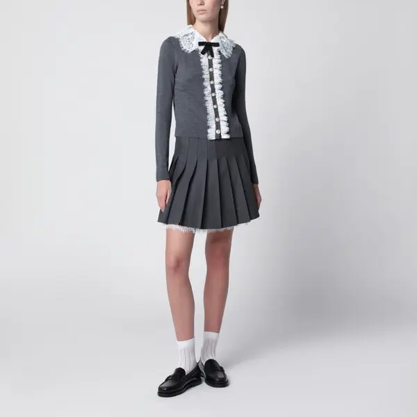SELF-PORTRAIT Pleated Wool Mini Skirt With Lace Trim - Grey