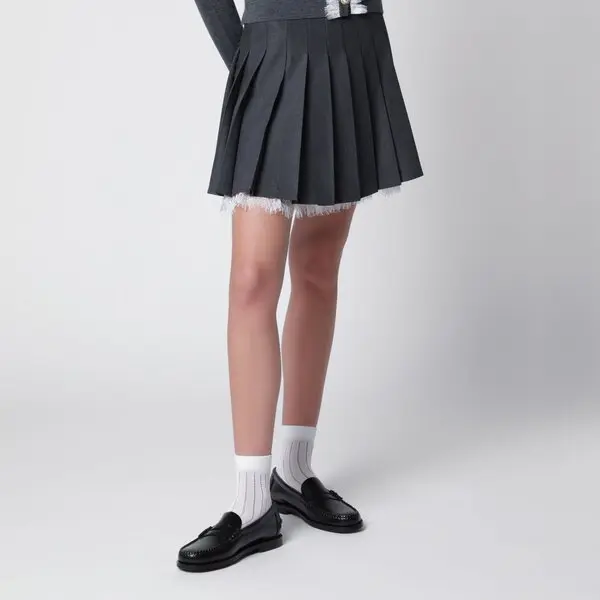 SELF-PORTRAIT Pleated Wool Mini Skirt With Lace Trim - Grey