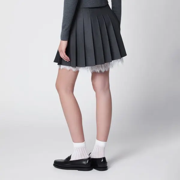 SELF-PORTRAIT Pleated Wool Mini Skirt With Lace Trim - Grey