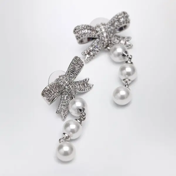 SELF-PORTRAIT Crystal Bow And Pearl Drop Earrings In Silver