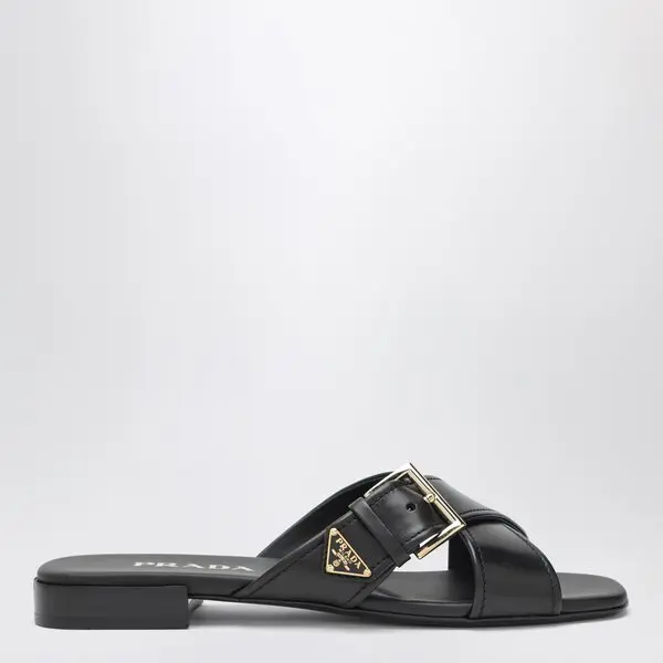 Prada Leather Slider Sandals With Buckle Detail