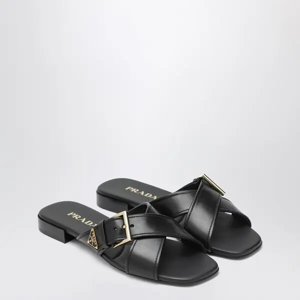 Prada Leather Slider Sandals With Buckle Detail