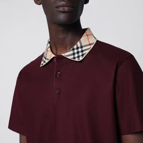 Burberry Cotton Polo Shirt With Check Collar In Vineyard - Red