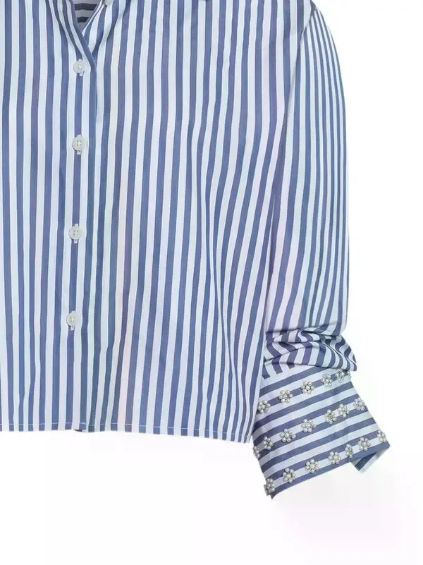Tanya Taylor Cropped Striped Shirt With Faux Pearl Embellishment