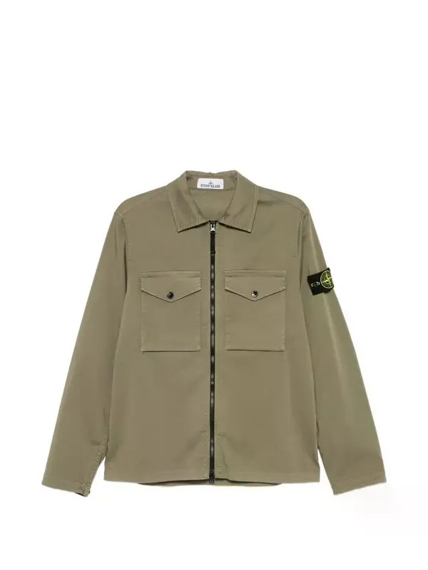 Stone Island Logo-patch Zip-up Cotton Shirt - Green