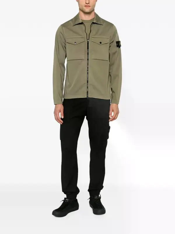 Stone Island Logo-patch Zip-up Cotton Shirt - Green
