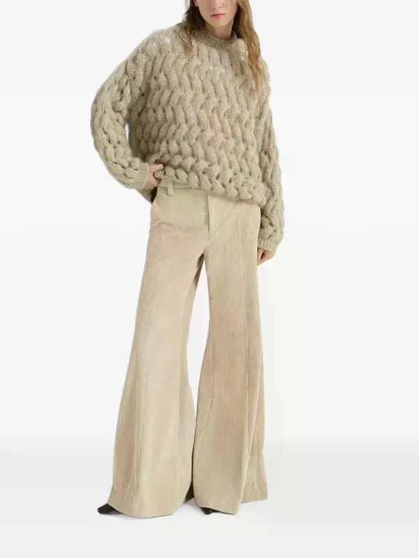 Brunello Cucinelli Cotton Corduroy Wide-flare Trousers With Monili - Neutrals