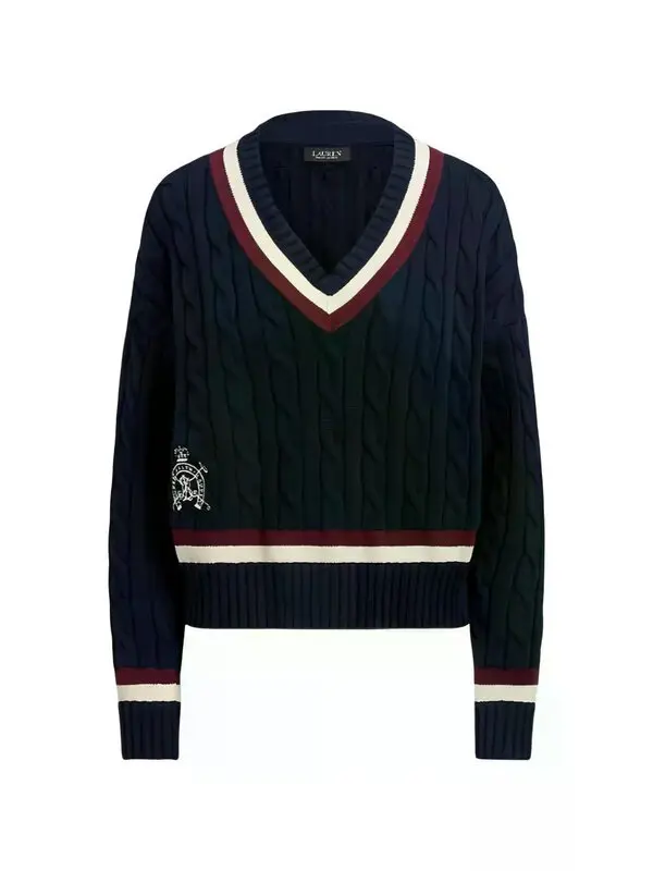 Ralph Lauren Navy Cotton Cable Knit V-neck Cricket Sweatshirt