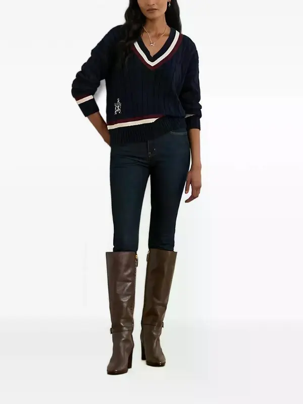 Ralph Lauren Navy Cotton Cable Knit V-neck Cricket Sweatshirt