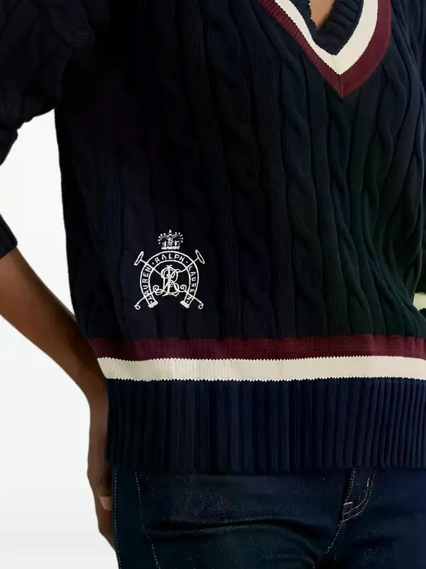 Ralph Lauren Navy Cotton Cable Knit V-neck Cricket Sweatshirt