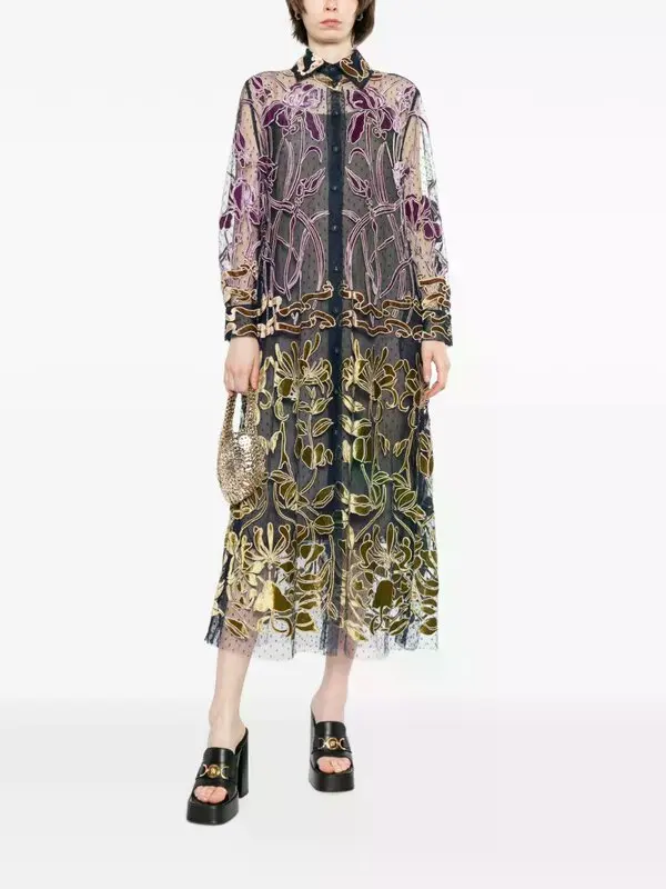Biyan Velvet-embroidered Dot Tulle Shirt Dress