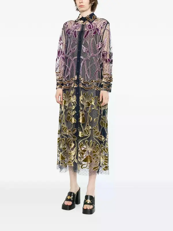 Biyan Velvet-embroidered Dot Tulle Shirt Dress