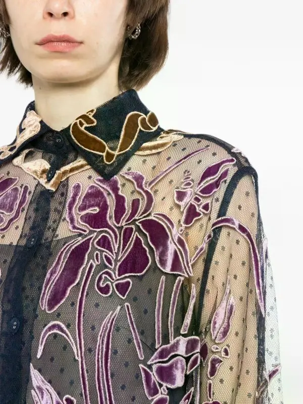 Biyan Velvet-embroidered Dot Tulle Shirt Dress
