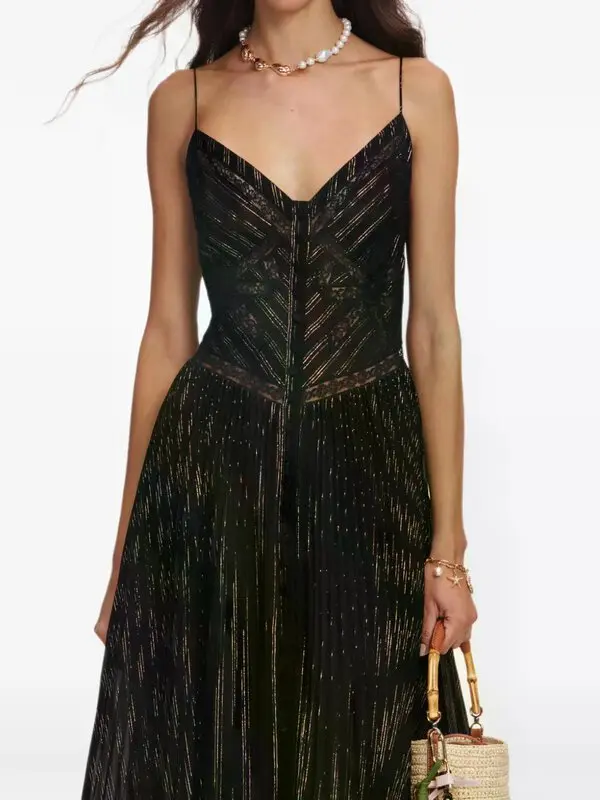 SELF-PORTRAIT Pleated Lace-trim Maxi Dress - Black