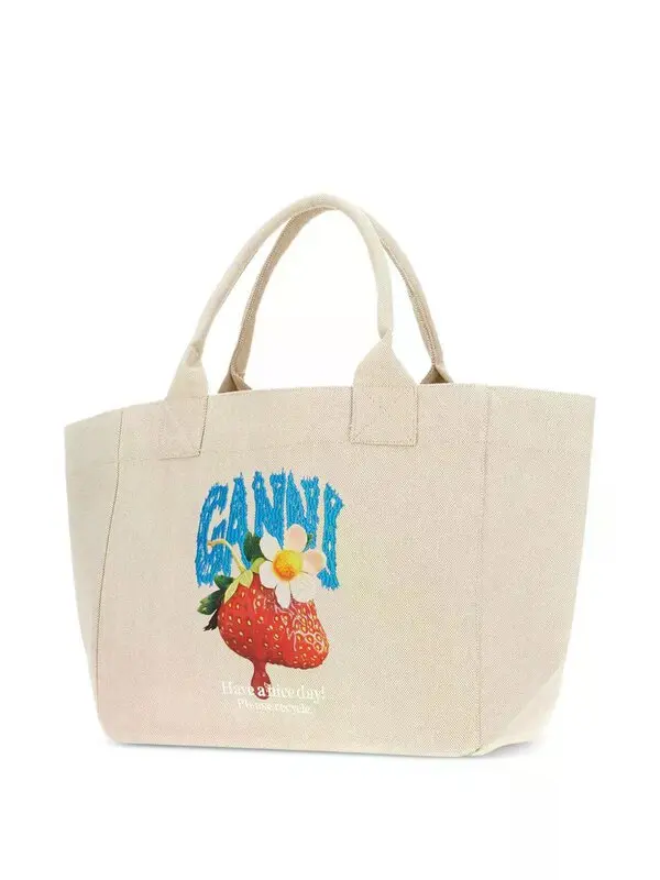 GANNI Cotton Tote Bag With Strawberry Print - Neutrals