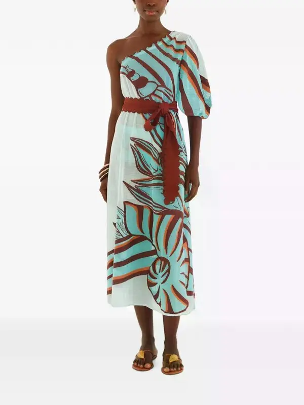 Farm Rio One-shoulder Graphic-print Midi Dress - Blue