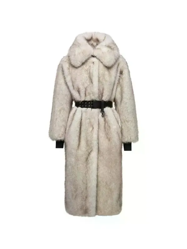 Moncler Belted Faux Fur Coat - Neutrals